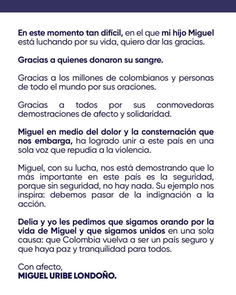 Carta completa a Miguel Uribe: emotivo mensaje de su padre | 360