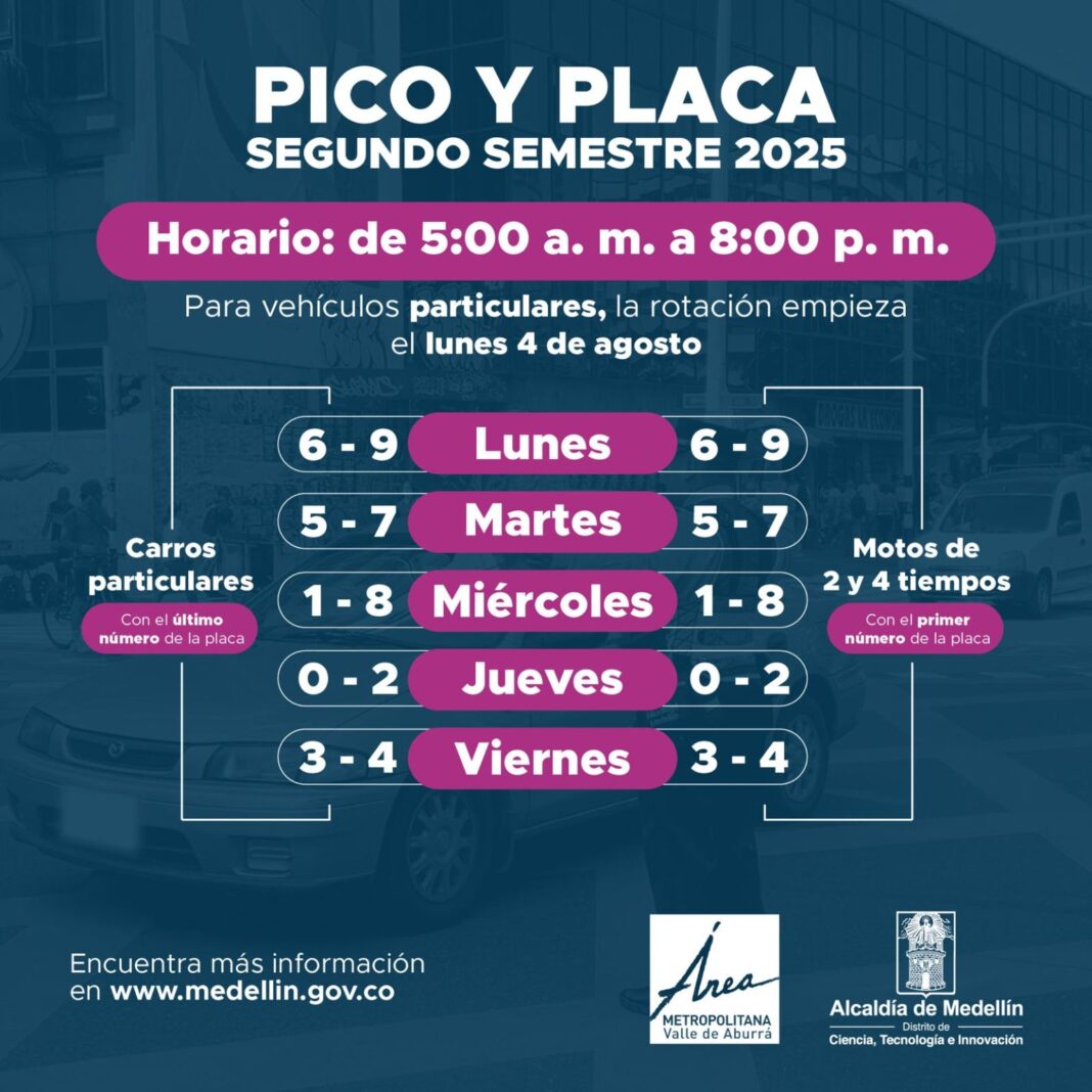 Pico y placa: lunes, 4 de agosto de 2025, en Medellín y el Valle de Aburrá
